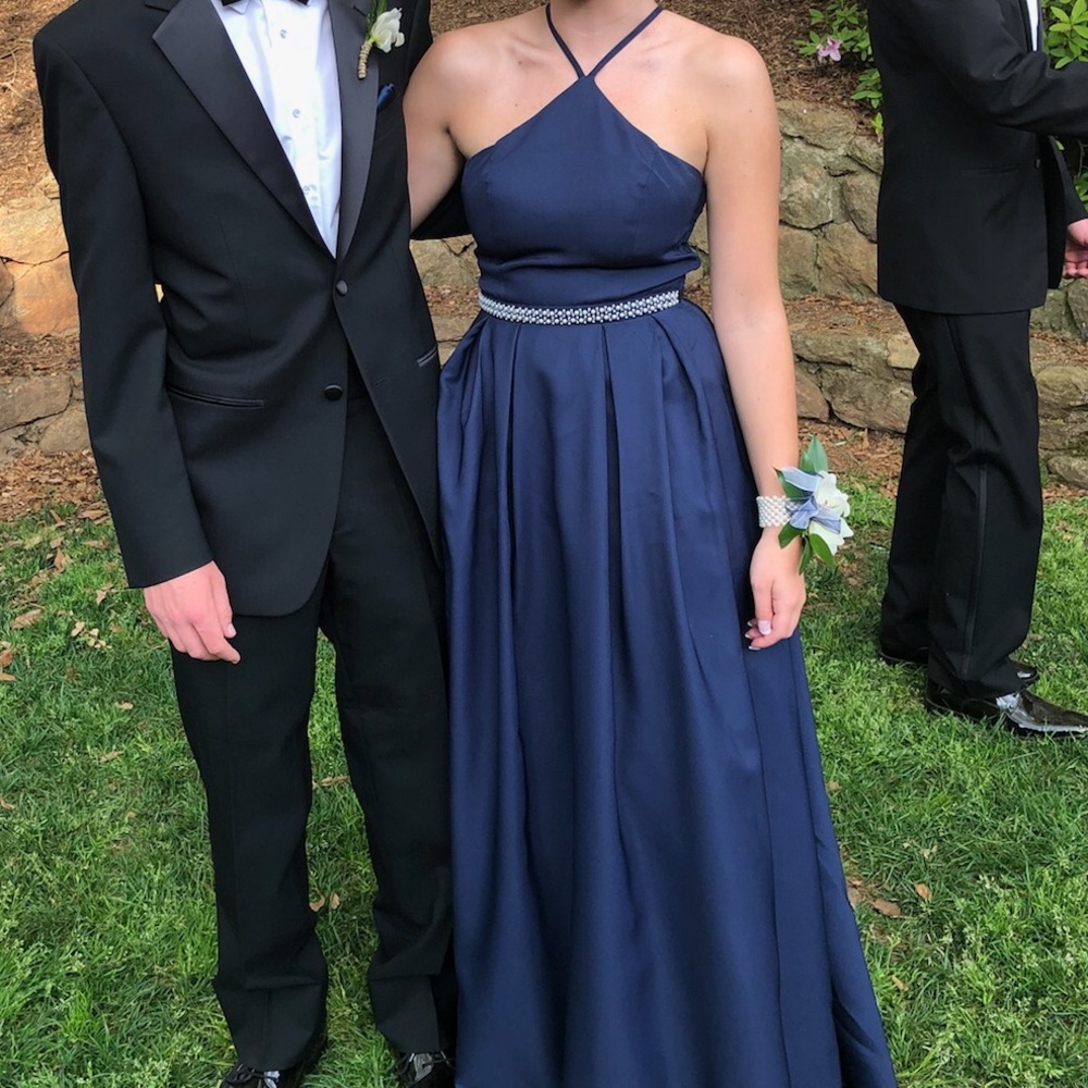 Navy Blue Prom Dress With Pearl Detail Size 5 - Gem